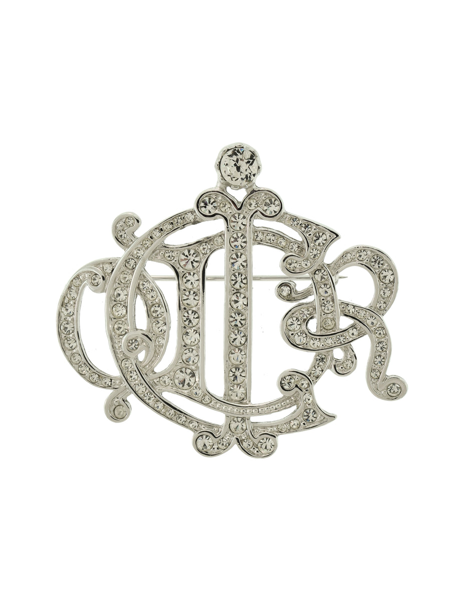 Christian Dior Vintage Iconic Monogram Logo Silver Rhinestone Brooch P ...