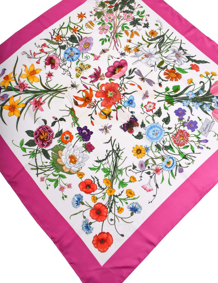 Gucci Iconic Flora by Vittorio Accornero Pink Border Silk Scarf ...