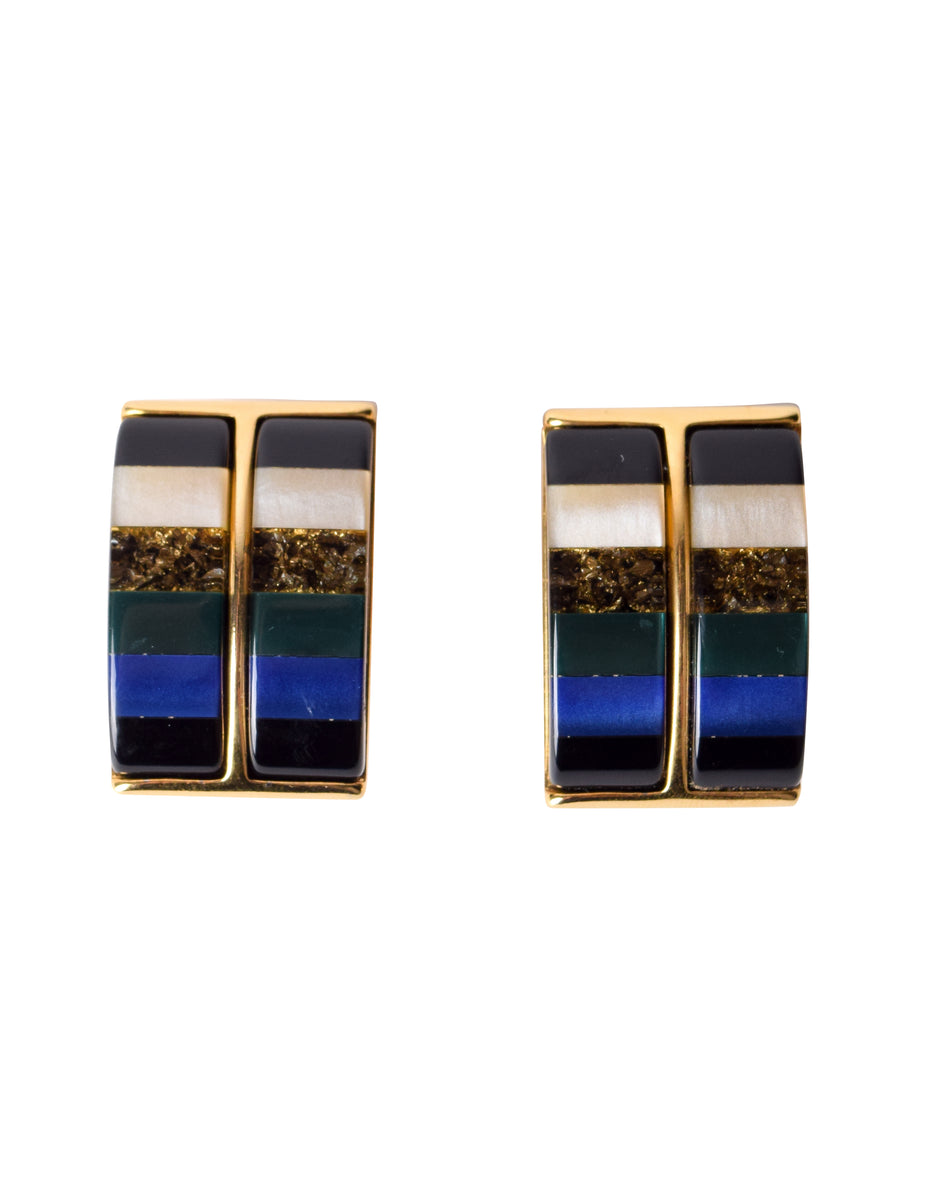 Vintage 1980s Italian Blue & Green Colorblock Resin Oversized Golden E ...
