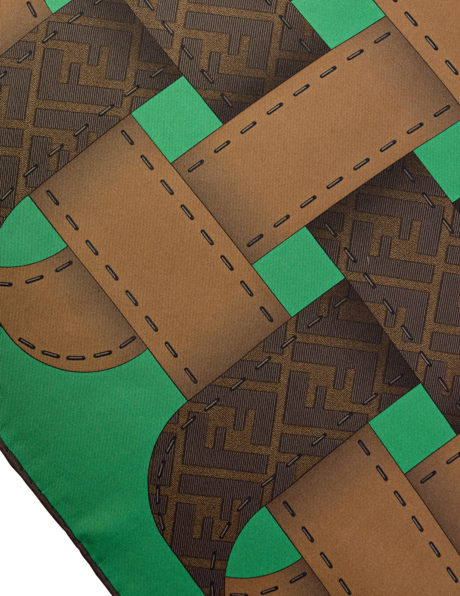 Fendi Vintage Brown Green Zucca Trompe L'oeil Print Silk Scarf ...