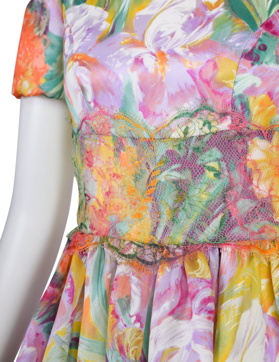 Patricia Rhodes Couture Vintage Silk Organza Painterly Floral Full Ski ...