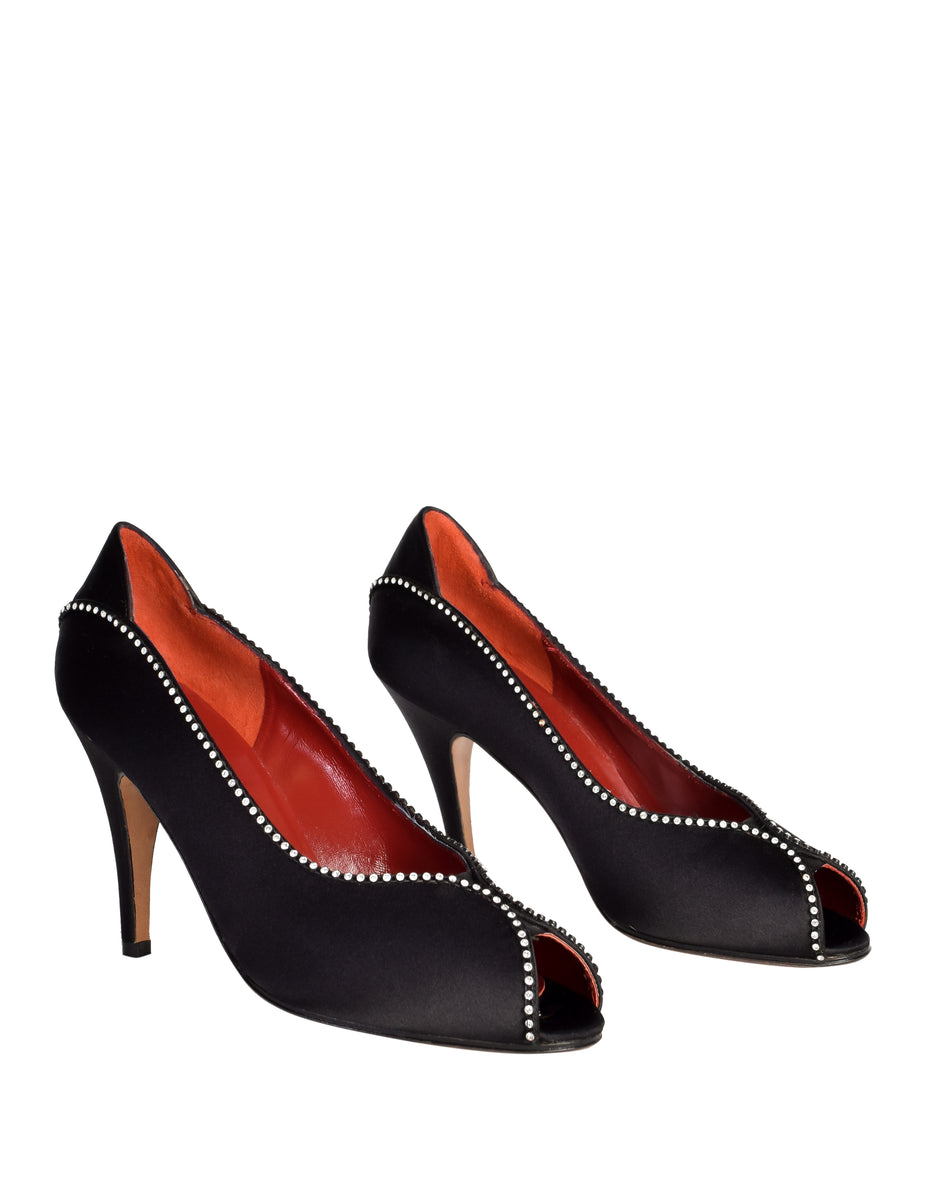 Yves Saint Laurent Vintage Black Satin Rhinestone Trimmer Peep Toe Hee ...